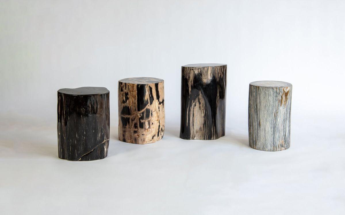 Tavolini tronco e sgabelli in legno fossile – Esotika